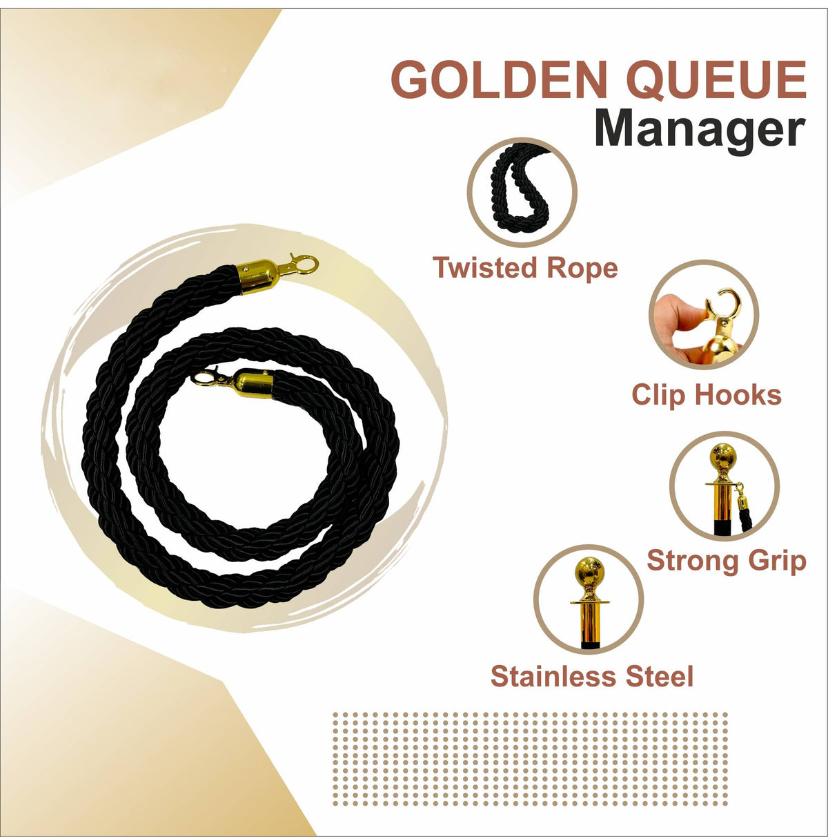 Queue Manager Black Rope With Gold Metal Clip, Hooks Grip, Nylon Braid ...